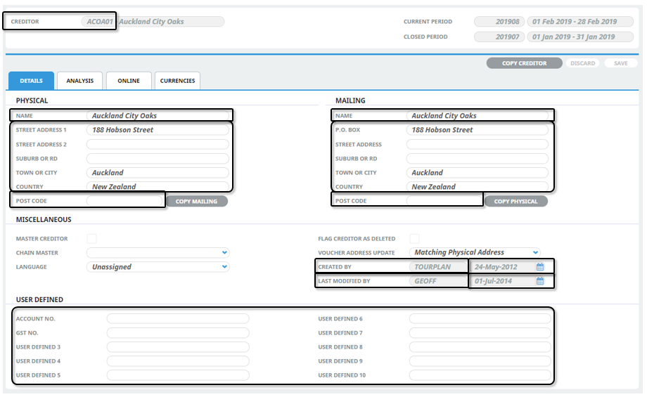 Supplier/Creditor Substitution Codes